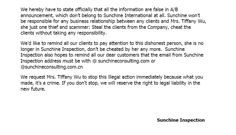 Declaration of Sunchine Inspection – Sunchine Inspection Service